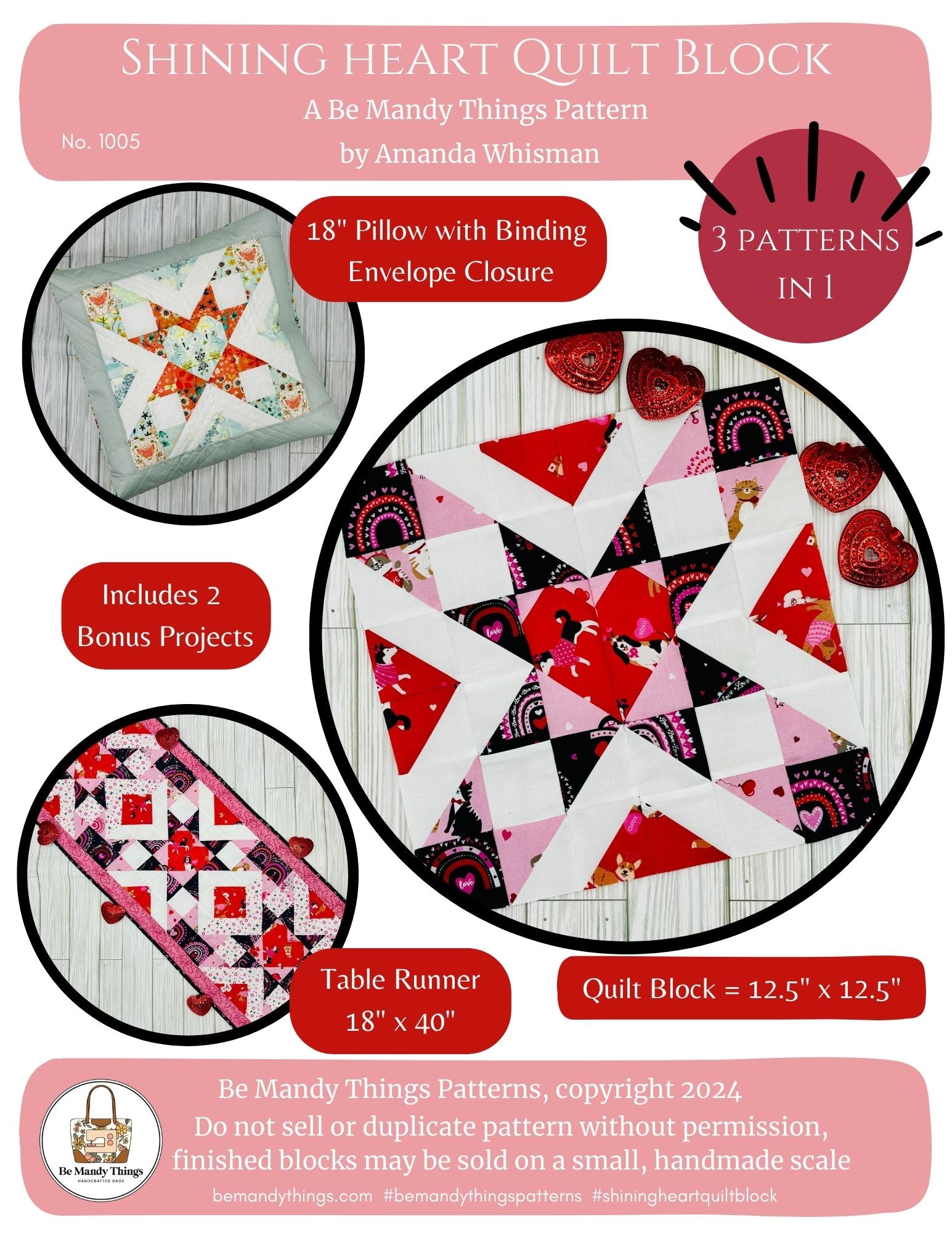 Shining Heart Quilt Block Pattern – 3 Projects in 1 PDF (Pillow, Quilt ...